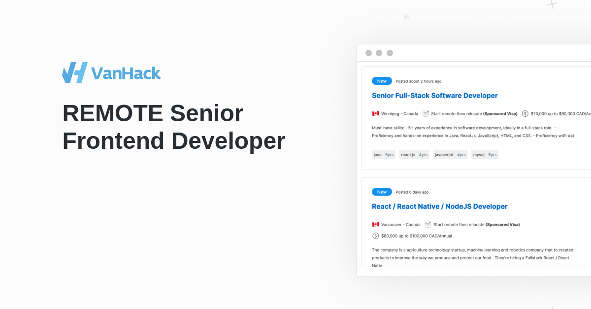 REMOTE Senior Frontend Developer - VanHack